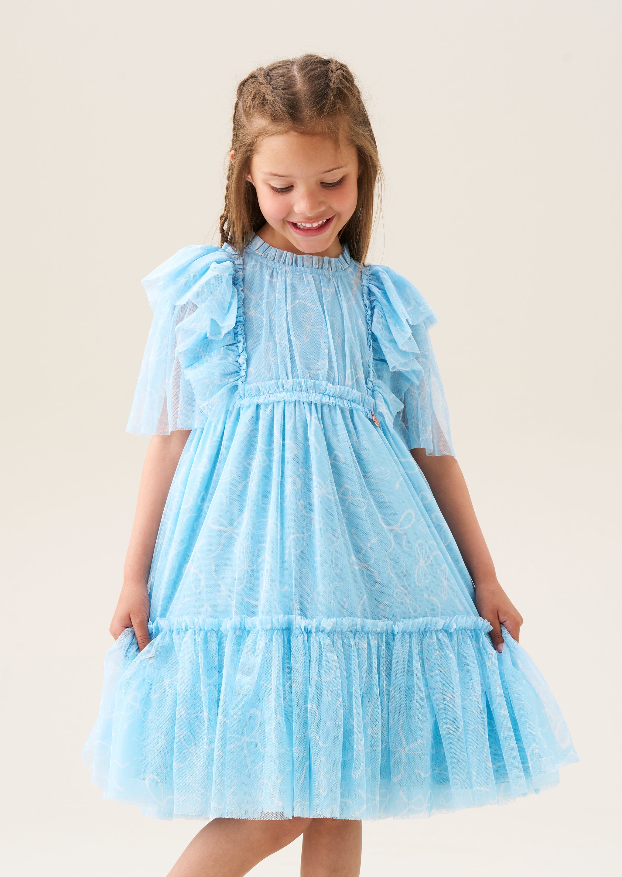 Girls Blue Bow Print Mesh Tiered Party Dress | Angel & Rocket