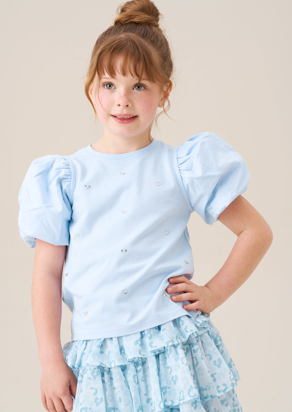T-shirt bleu pour filles à manches bouffantes avec diamants | Angel ...
