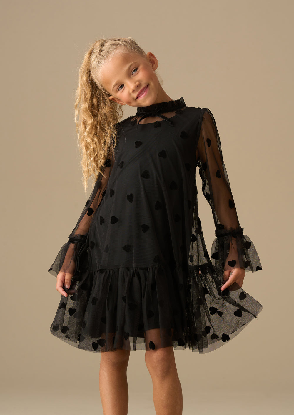 Girls Black Flock Heart Mesh Dress | Angel & Rocket