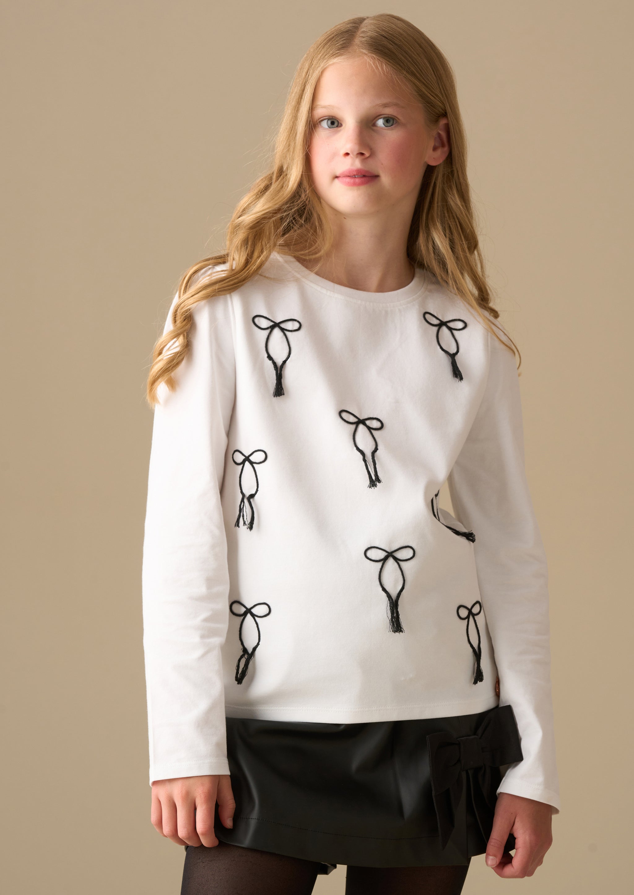 Girls White Long Sleeve Jersey Top with Black Bows | Angel & Rocket