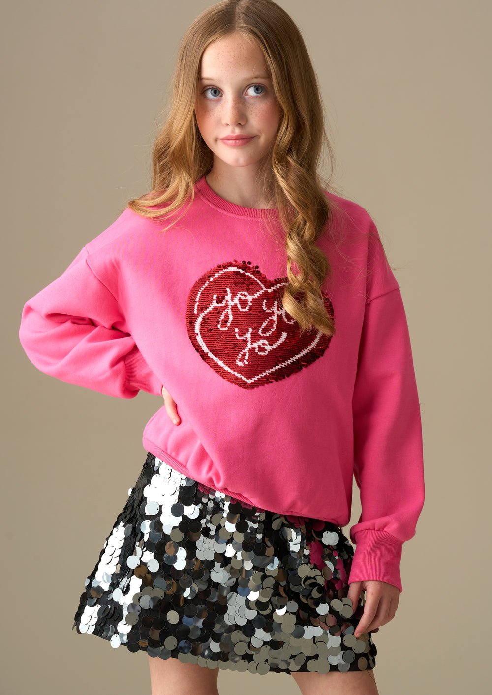 Sweat-shirt festif scintillant rose "Yo Yo Yo" pour filles | Angel & Rocket