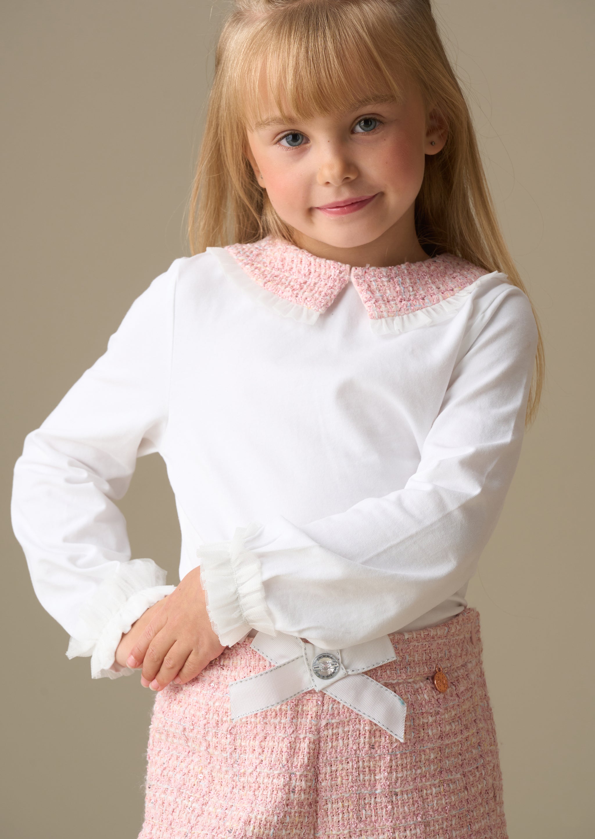 Girls White Long Sleeve Tweed Collar Top | Angel & Rocket