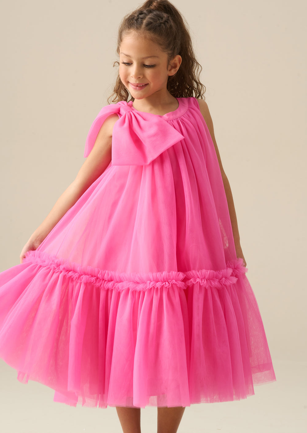 Vestito da festa rosa in tulle per ragazze con fiocco | Angel & Rocket