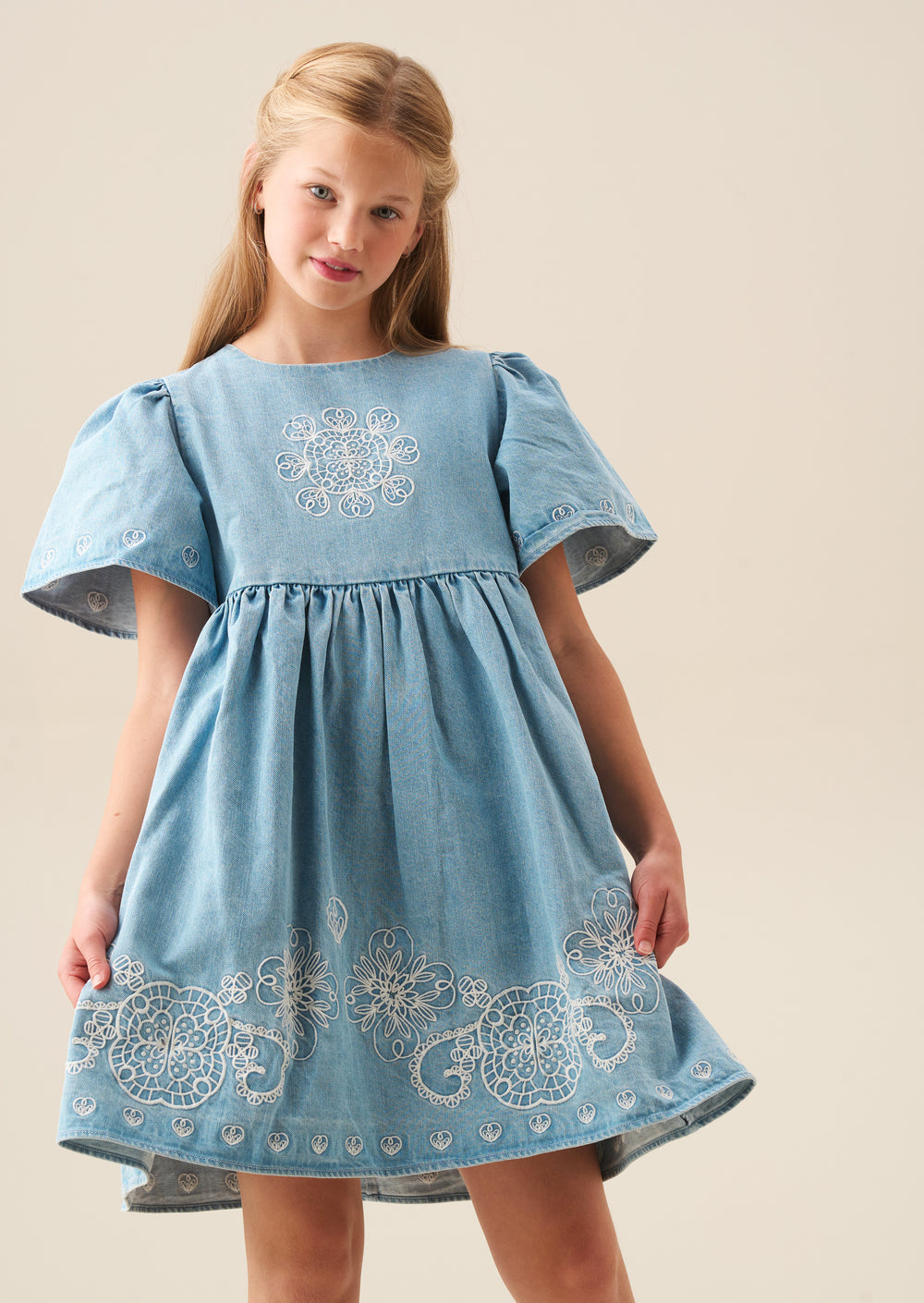 Vestito estivo a ruota in denim ricamato per ragazze | Angel & Rocket