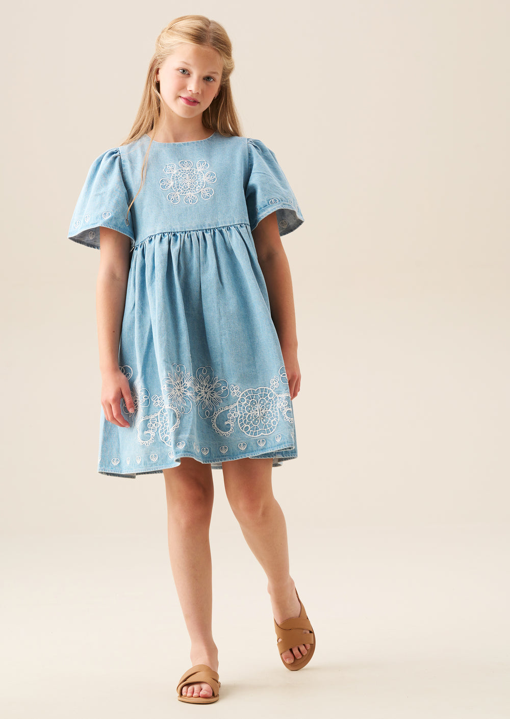 Vestito estivo a ruota in denim ricamato per ragazze | Angel & Rocket