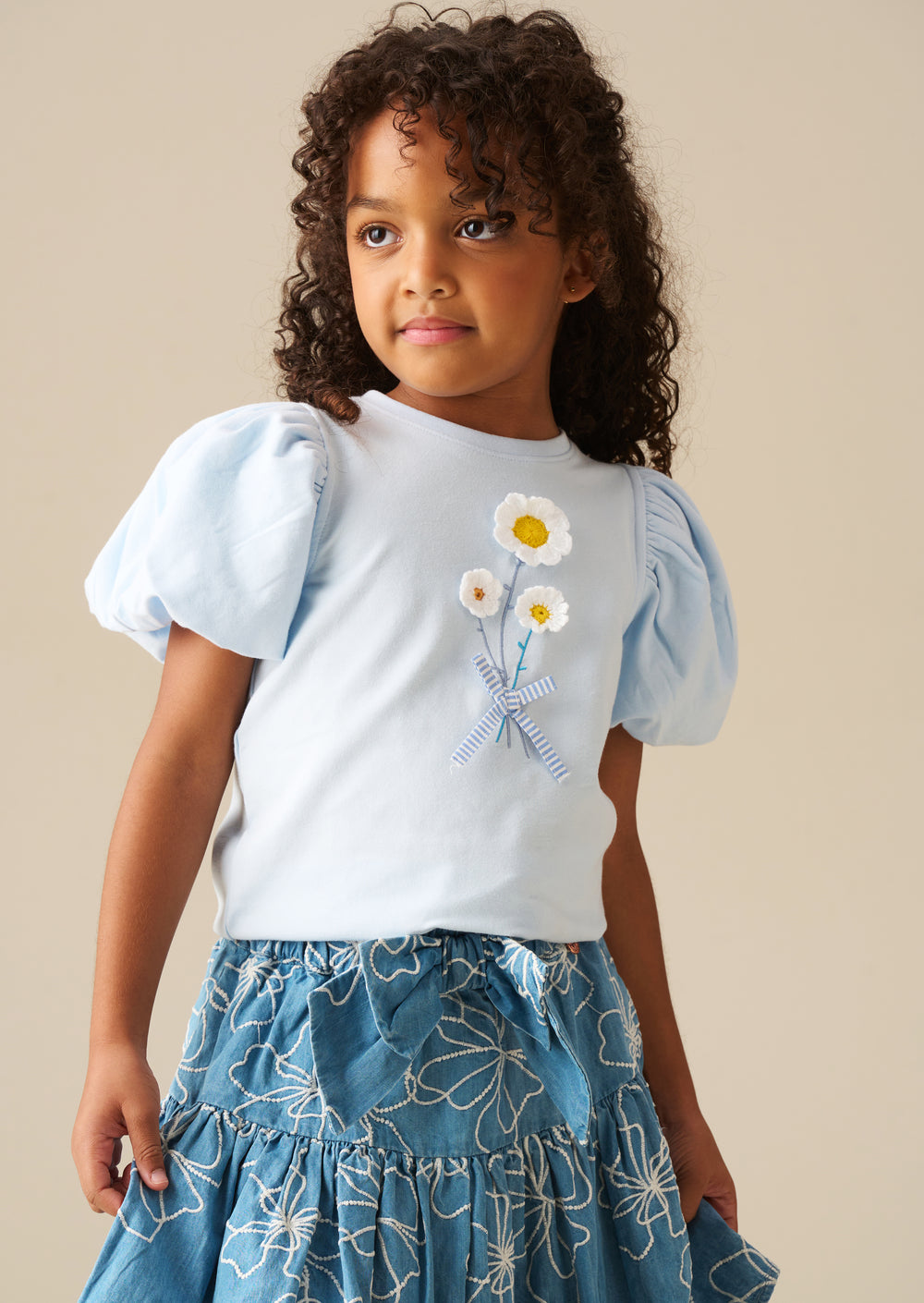 Girls Blue Puff Sleeve Tee with Flower Embroidery | Angel & Rocket