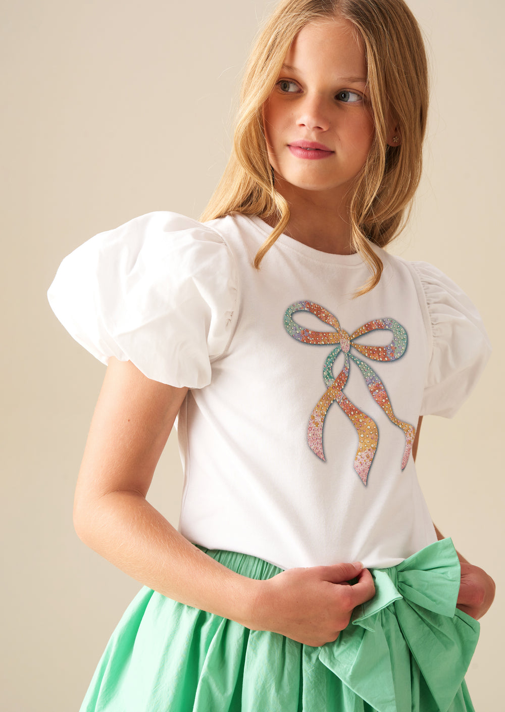 Girls White Sequin Bow Puff Sleeve Top | Angel & Rocket