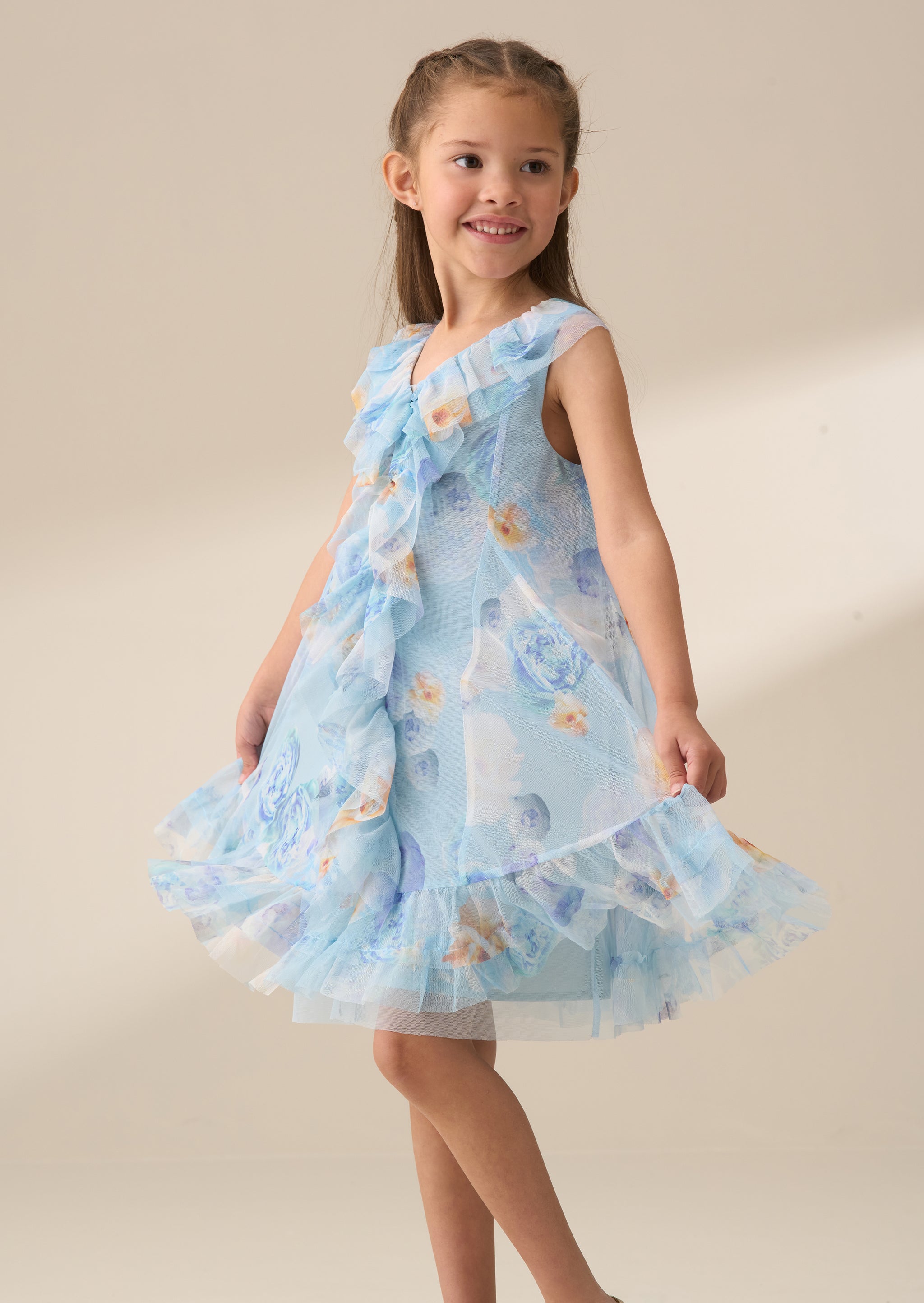Girls Blue Floral Frill Mesh Dress | Angel & Rocket