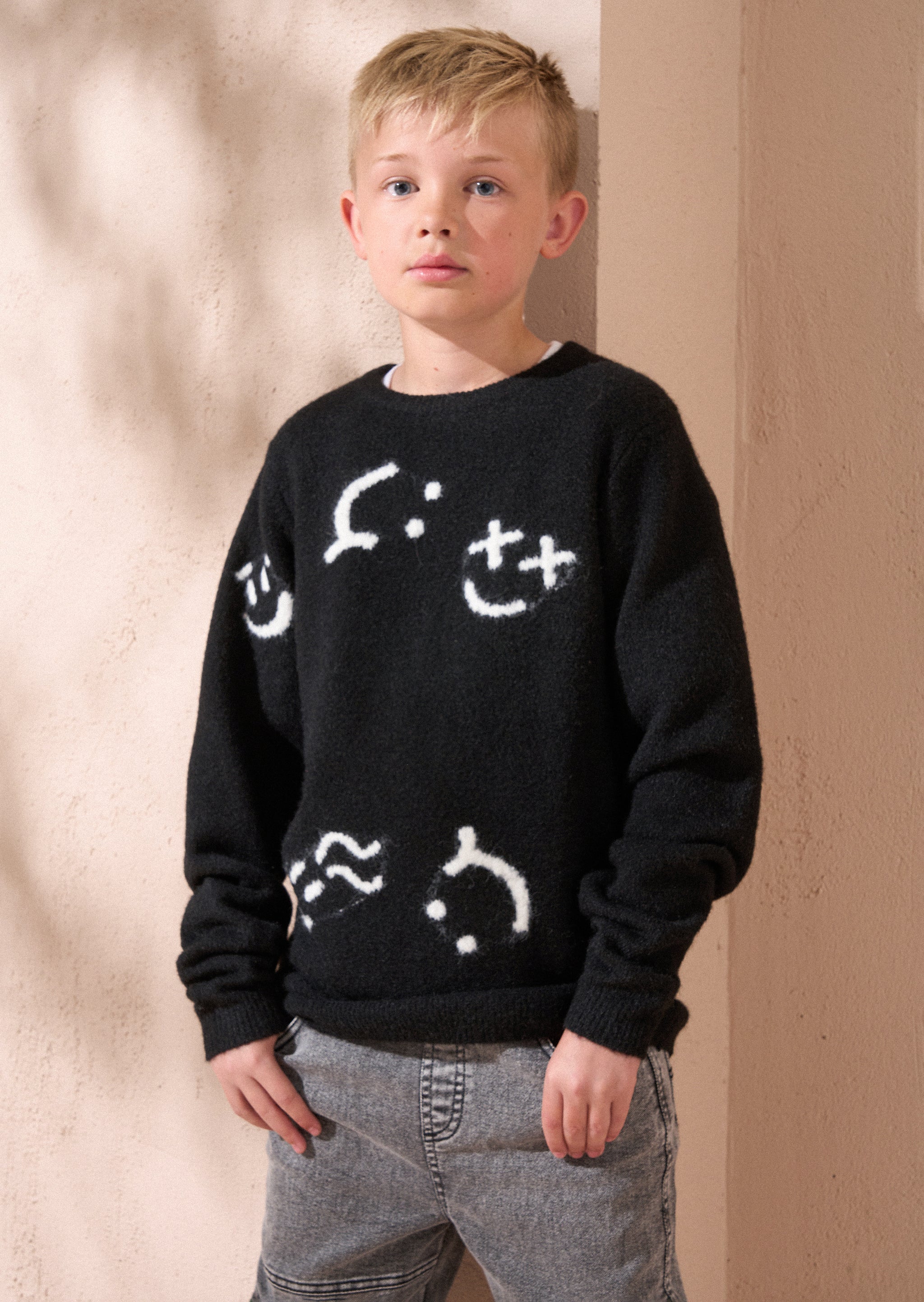 Boys Black Smiley Face Jumper | Angel & Rocket