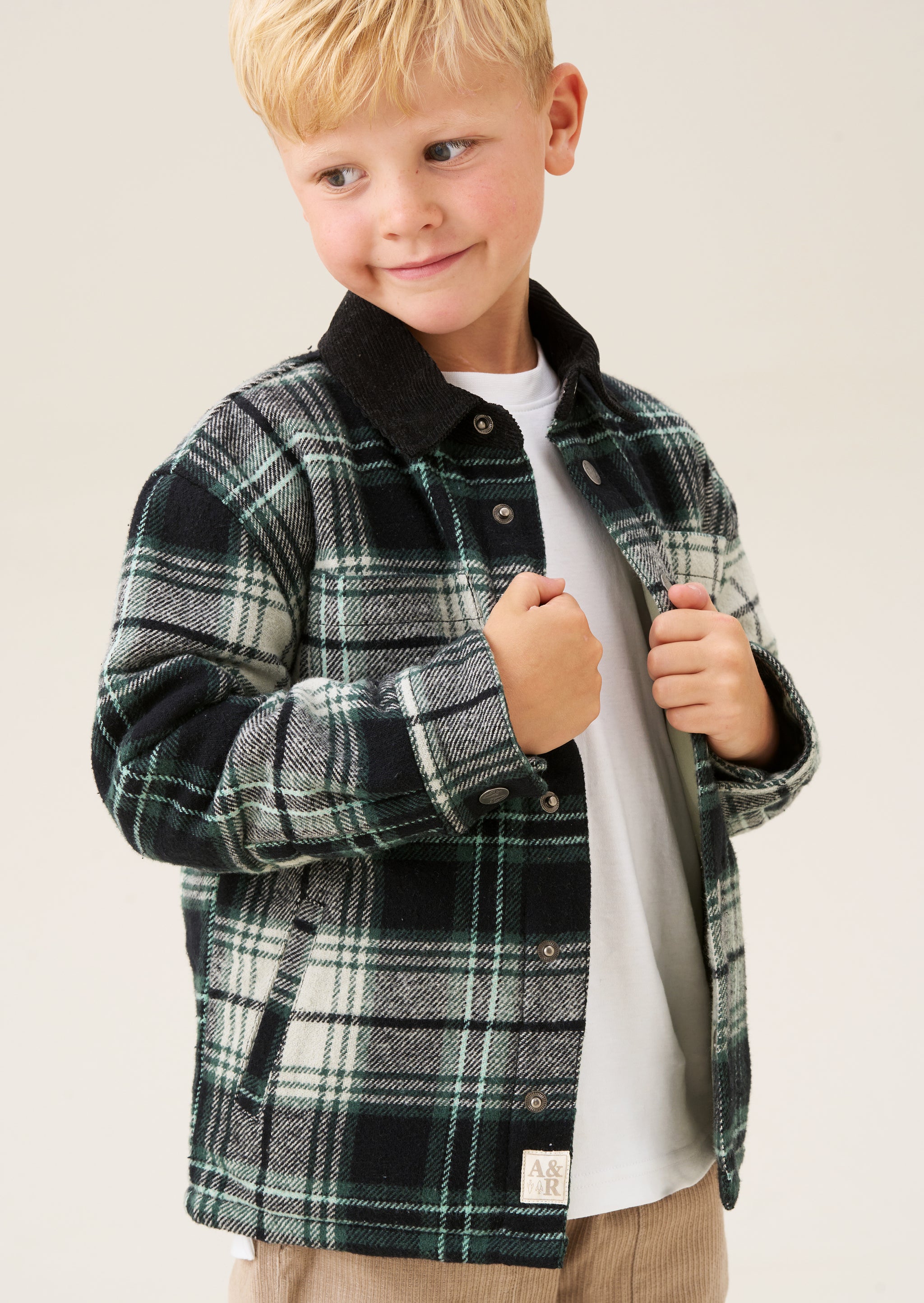 Boys Green Plaid Padded Shacket with Cord Collar | Angel & Rocket