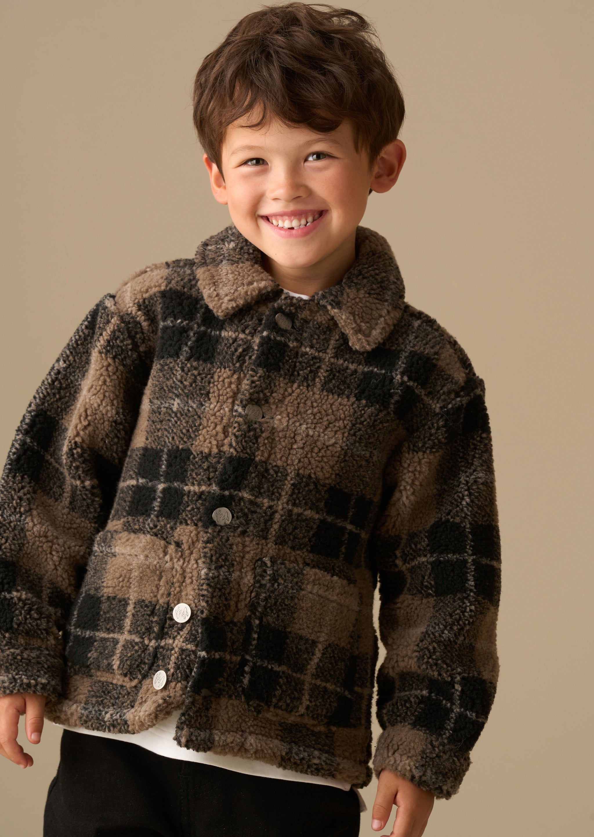 Boys Brown Check Sherpa Fleece Shacket | Angel & Rocket