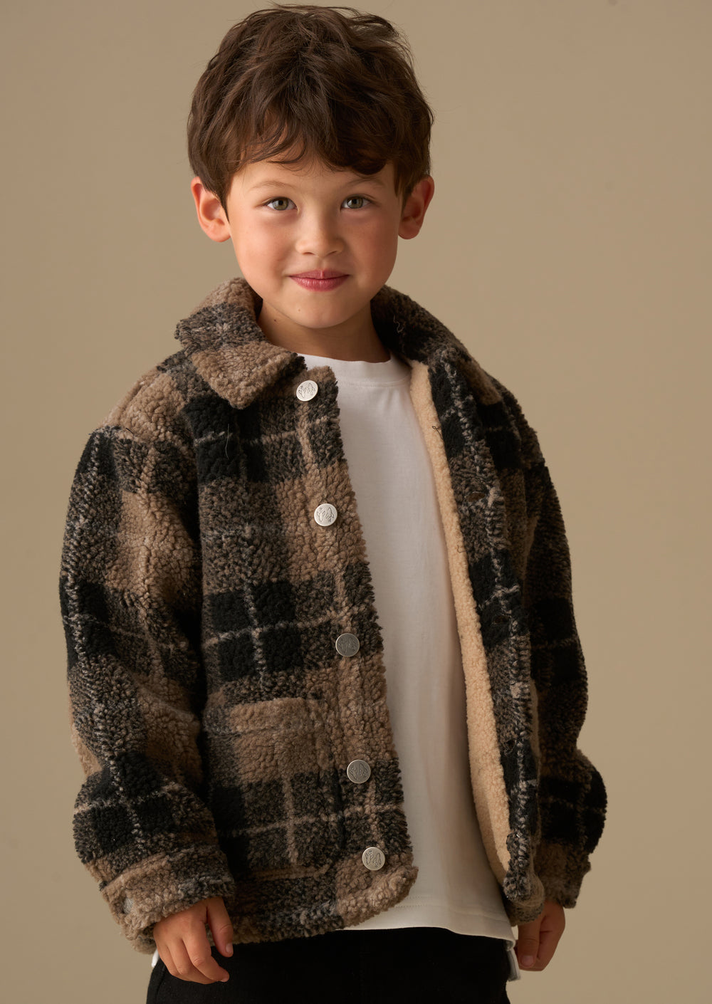 Boys Brown Check Sherpa Fleece Shacket | Angel & Rocket