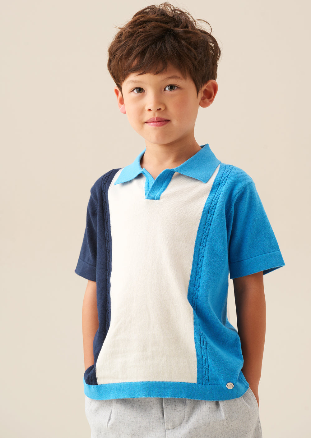 Boys Blue Colour Block Knitted Polo | Angel & Rocket