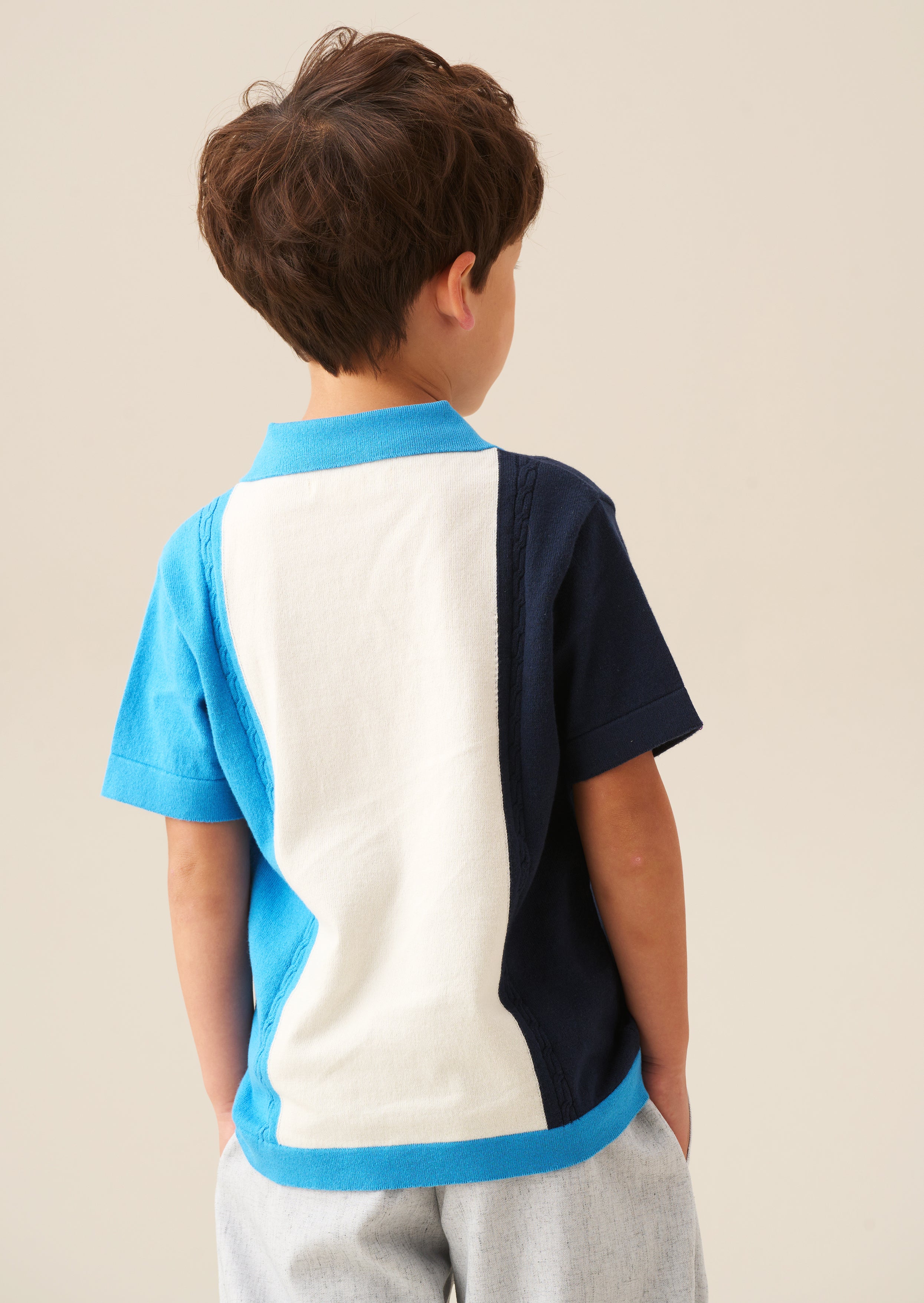Boys Blue Colour Block Knitted Polo | Angel & Rocket