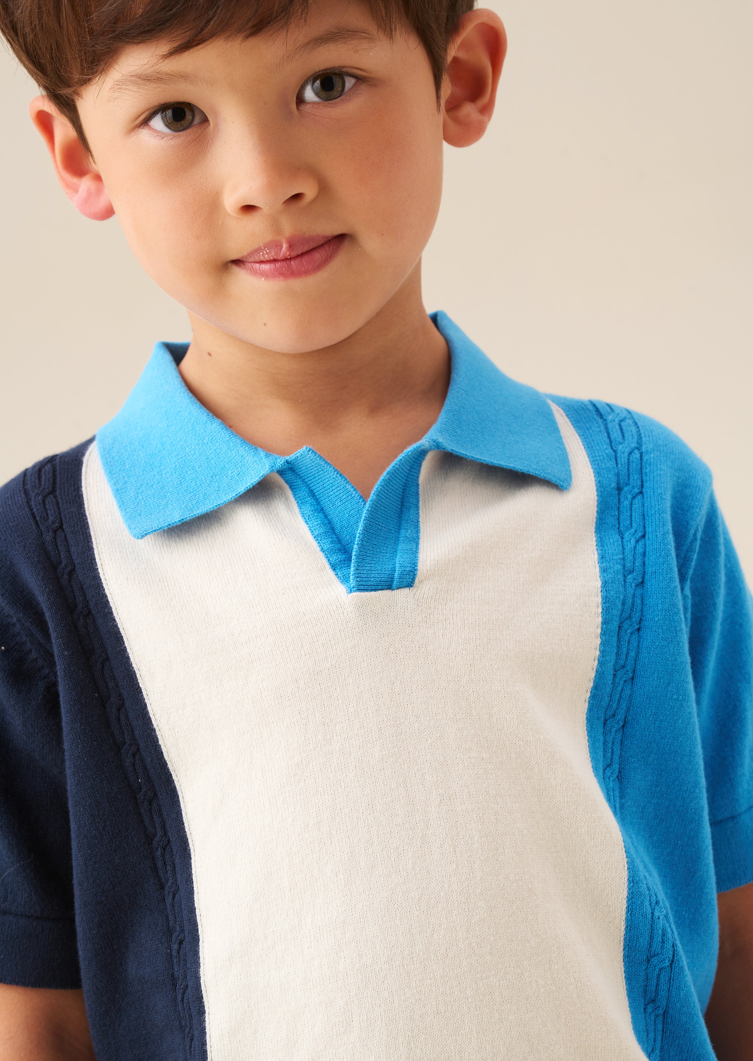 Boys Blue Colour Block Knitted Polo | Angel & Rocket