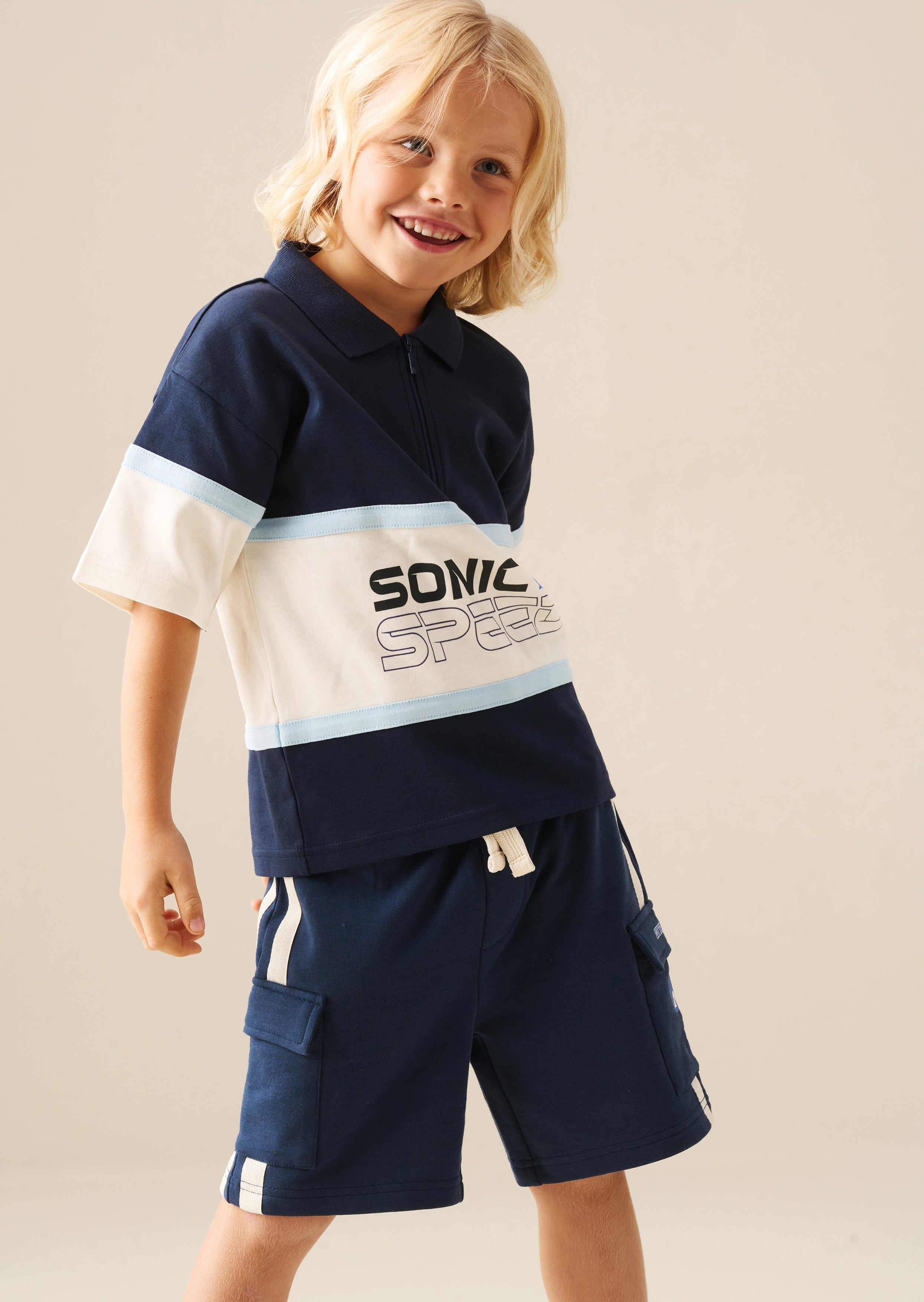 Polo a blocchi Sonic blu navy da ragazzo | Angel & Rocket