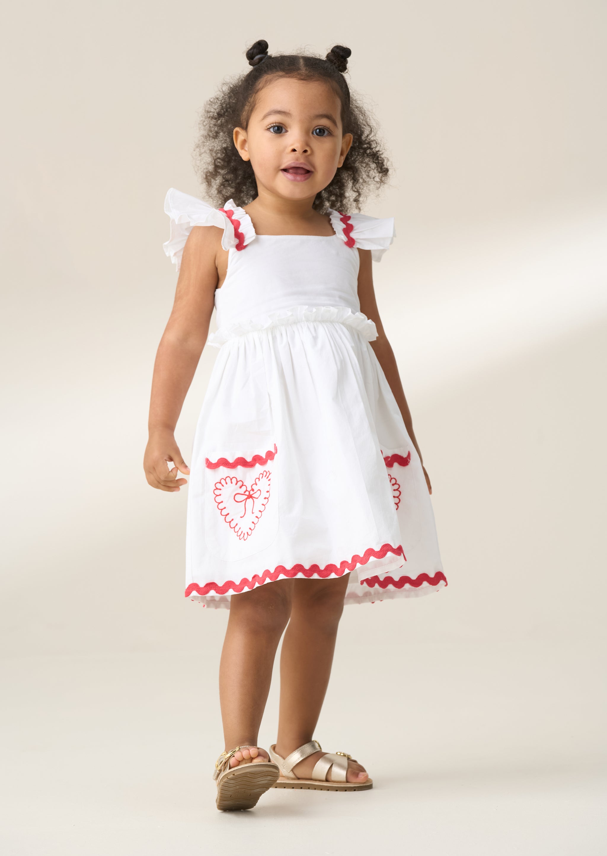 Baby Girl White & Red Ric Rac Heart Pocket Sundress | Angel & Rocket