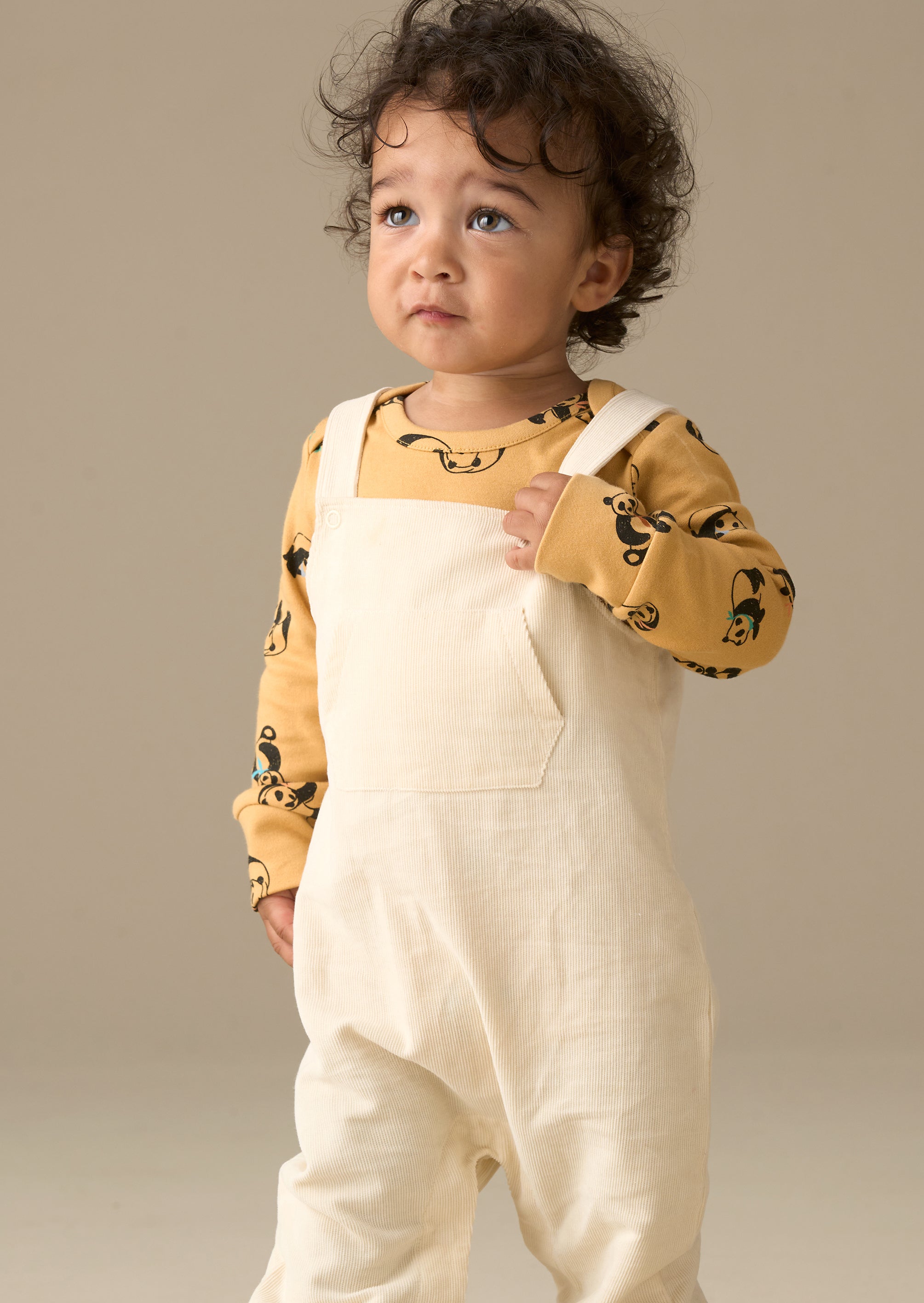 Baby Boys Stone Cord Dungaree & Panda Bodysuit Set | Angel & Rocket